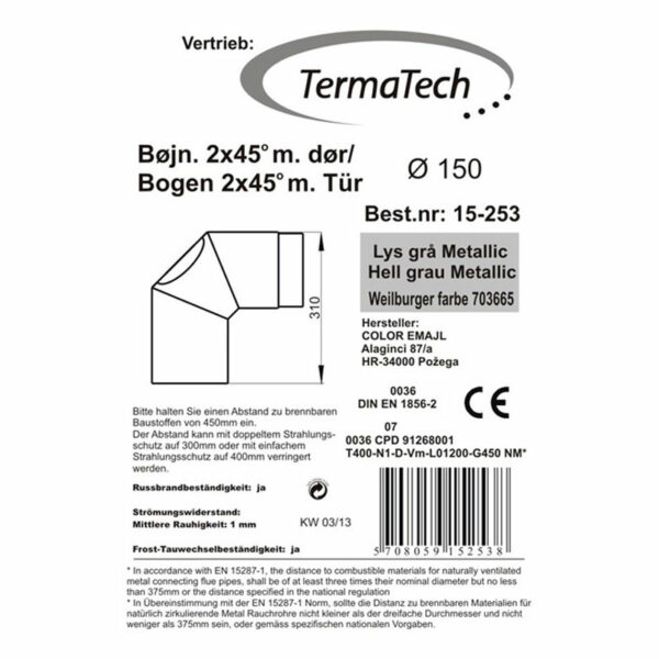 Bøjning 2x45° m. Renselem Ø150 mm | Køb hos Pejsen